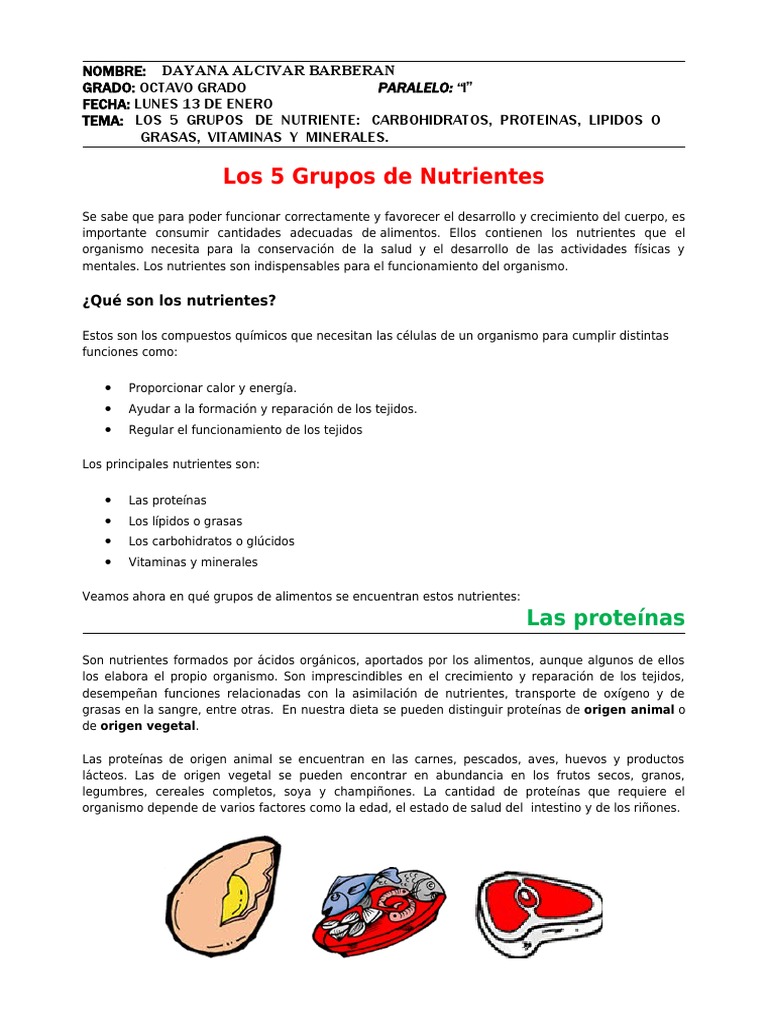 Los cinco grupos principales de nutrientes y sus fuentes alimenticias ...
