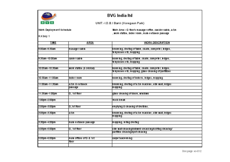 BVG India Ltd Work Deployment Schedule | PDF