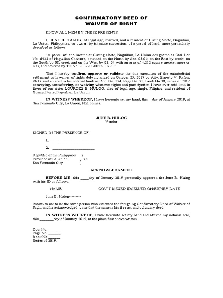 Confirmatory Deed of Waiver | PDF