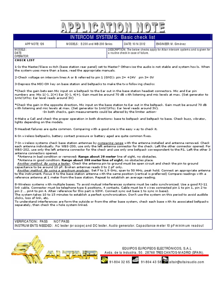 INTERCOM SYSTEMS: Basic Check List | PDF | Microphone | Antenna (Radio)