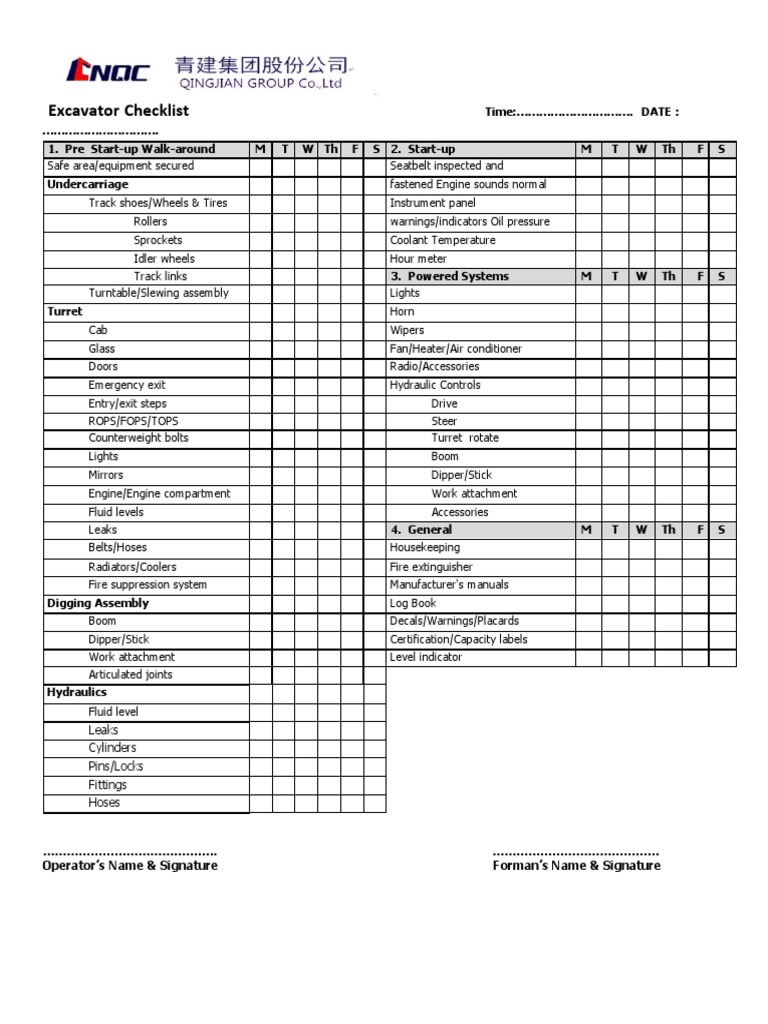 Excavator Daily Inspection Checklist | PDF | Vehicles | Mechanical ...