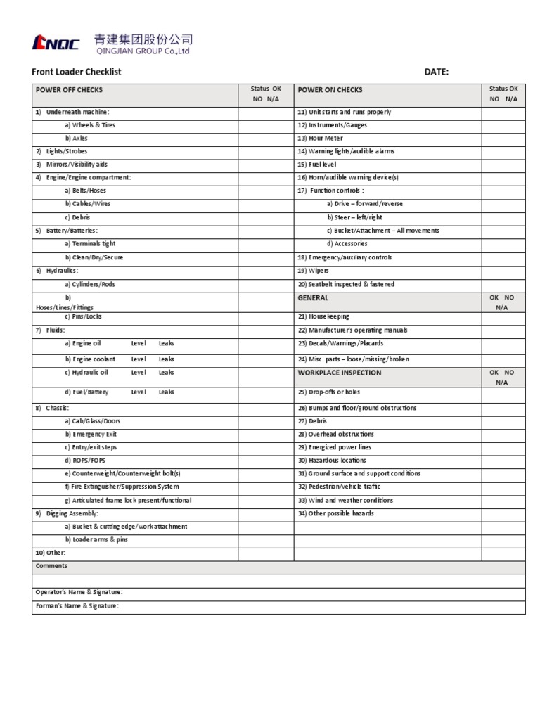 Front Loader Daily Inspection | PDF | Loader (Equipment) | Automotive ...