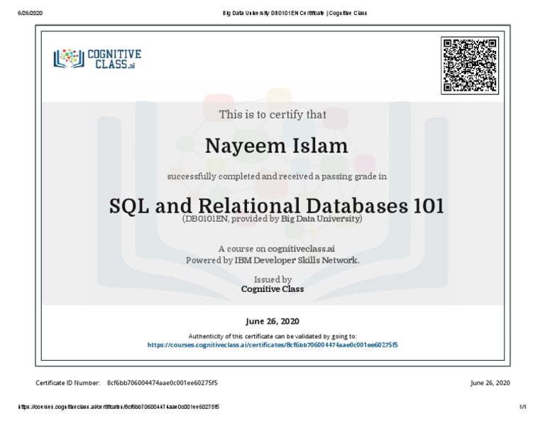 Big Data University DB0101EN Certificate - Cognitive Class | PDF