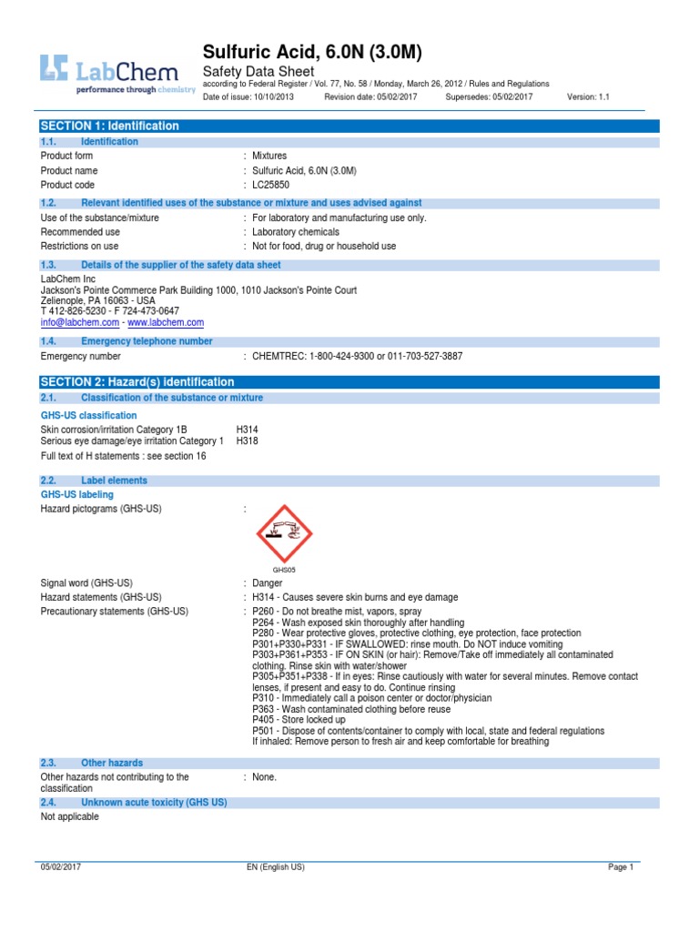 Sulfuric Acid Safety Data Sheet | PDF | Firefighting | Toxicity