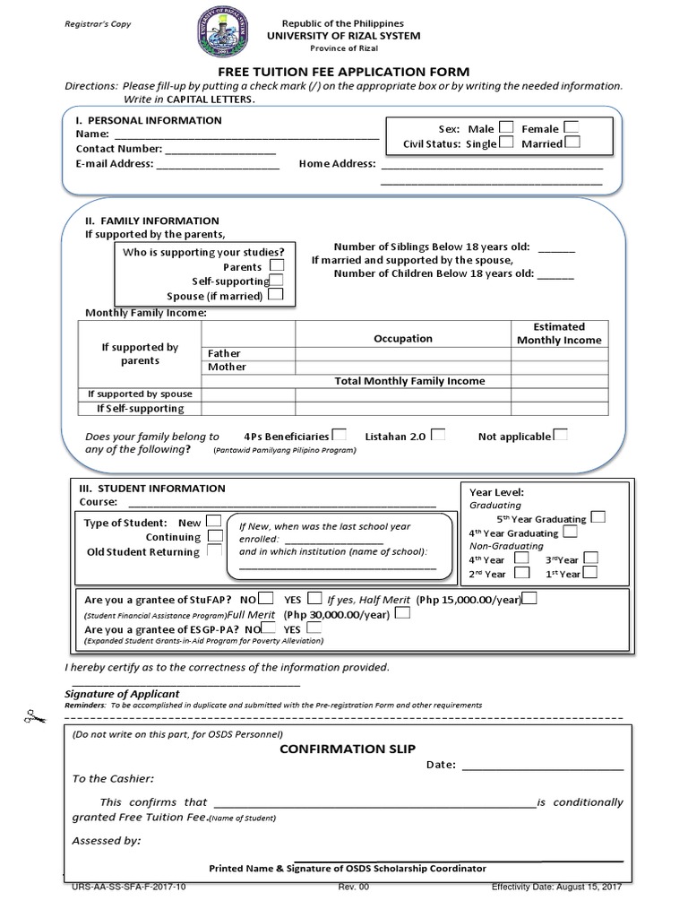 Free Tuition Fee Application Form: University of Rizal System | PDF ...
