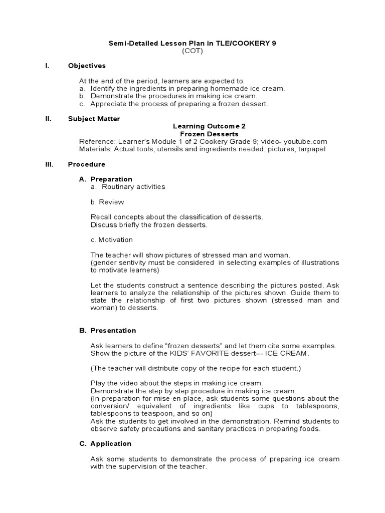 Semi-Detailed Lesson Plan in TLE/COOKERY 9 | Download Free PDF | Ice ...