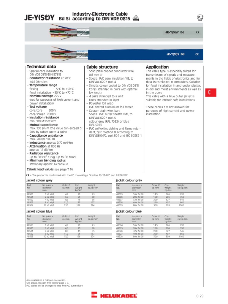 JE-Y (ST) Y: BD Si Industry-Electronic Cable According To DIN VDE 0815 ...