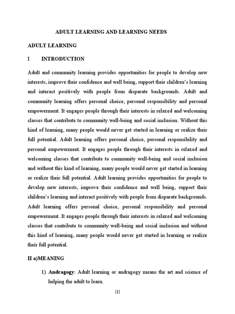 Adult Learning and Learning Needs | PDF | Adult Education | Educational ...