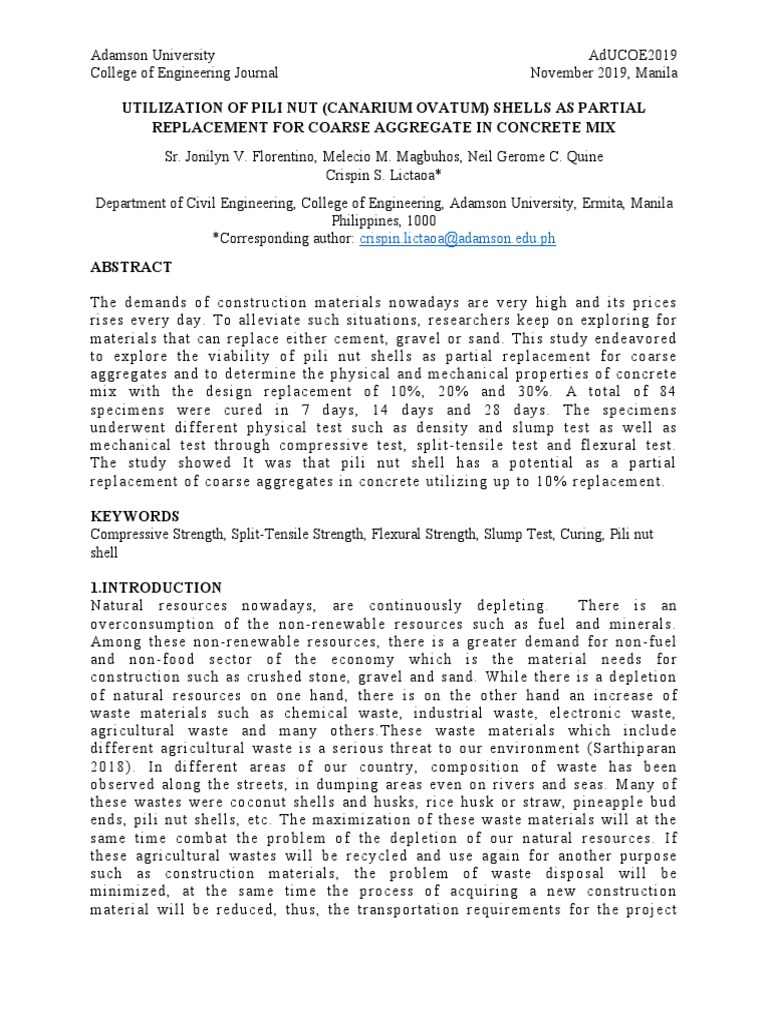 Utilization of Pili Nut (Canarium Ovatum) Shells As Partial Replacement ...