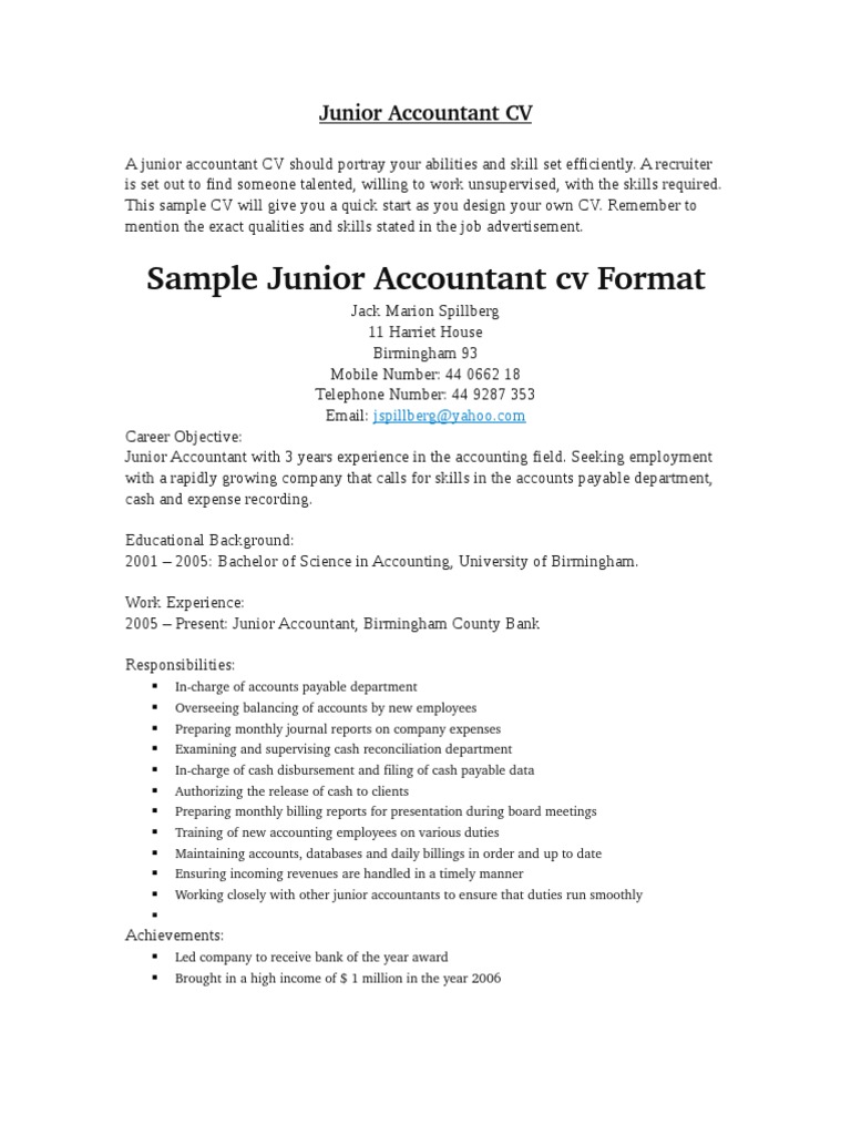 Junior Accountant CV | PDF | Recruitment | Employment