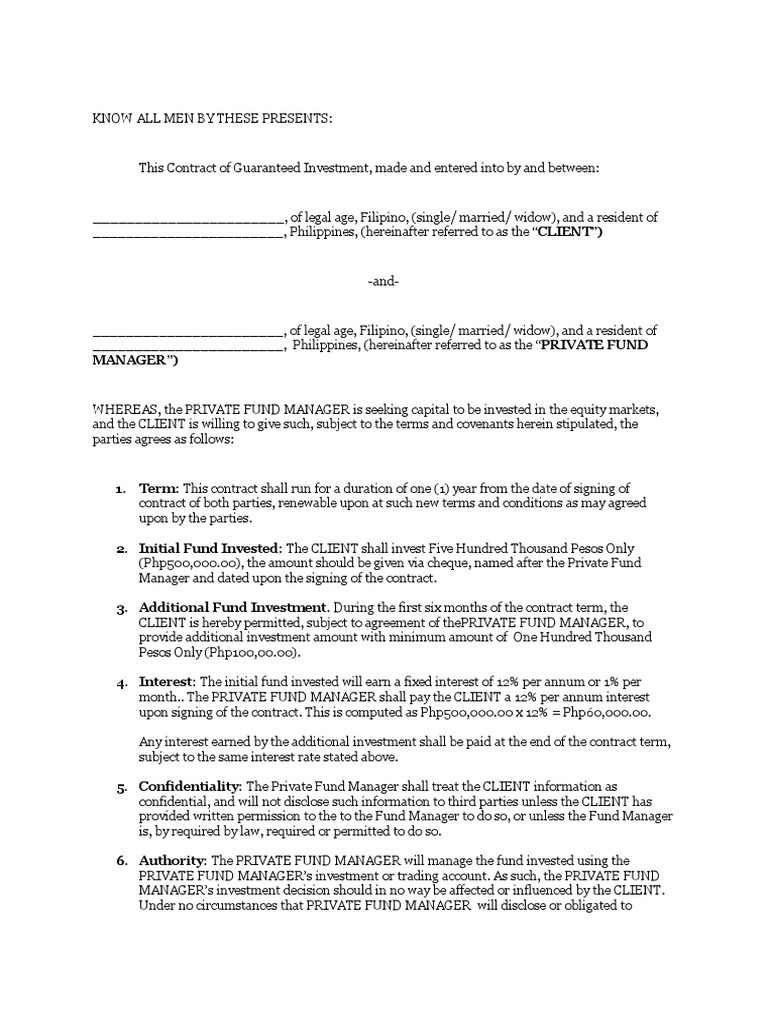 Sample Investment Contract | PDF | Investment Management | Interest