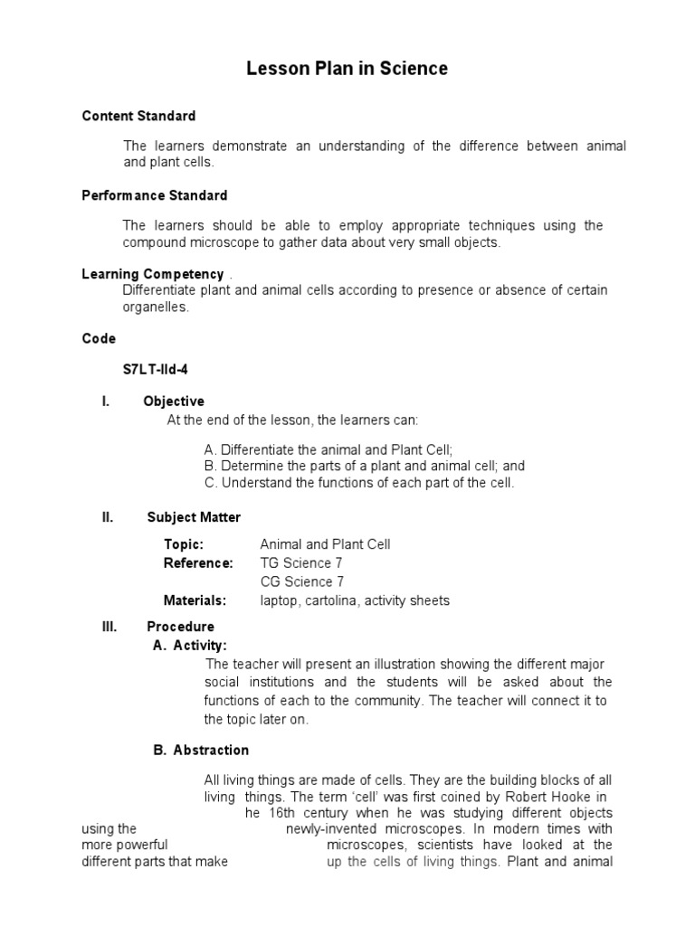 Lesson Plan in Science: Content Standard | PDF | Cell (Biology ...