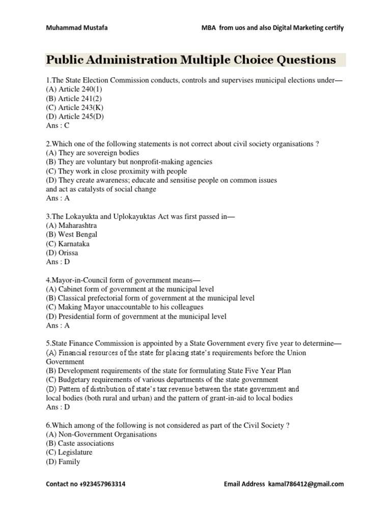 Public Administration MCQs and Answers | PDF | Government Of India ...