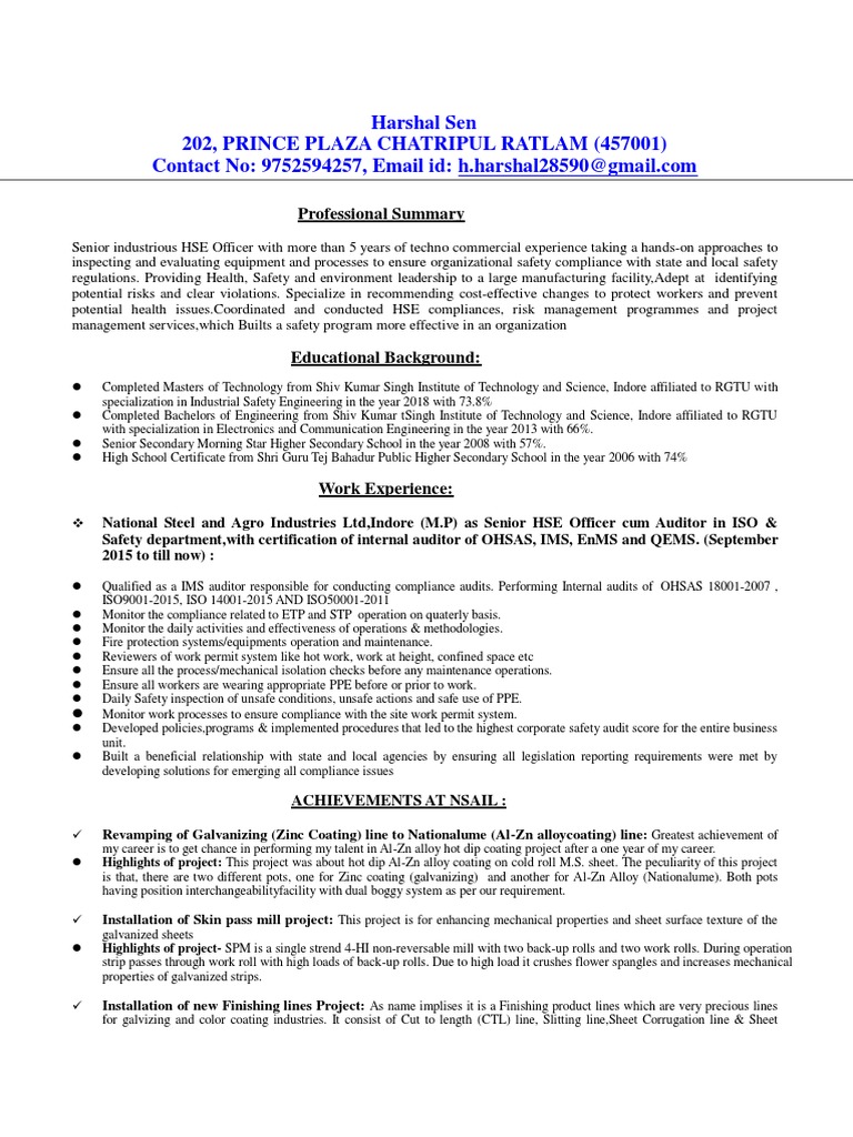 HSE Officer Profile: Shiv Kumar Singh Institute | PDF | Emergency ...