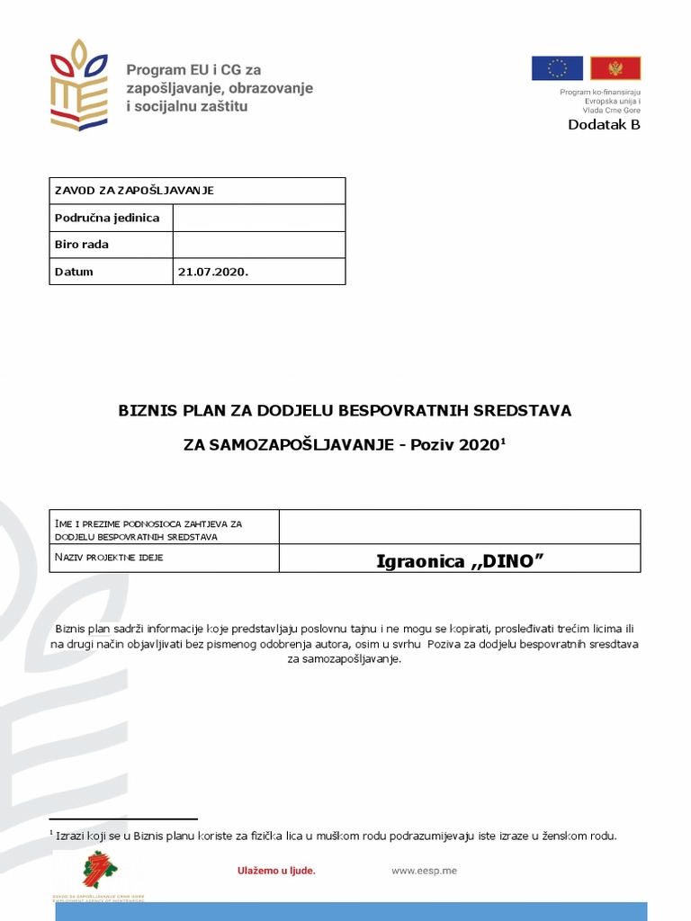 Biznis Plan Dječija Igraonica "DINO" | PDF
