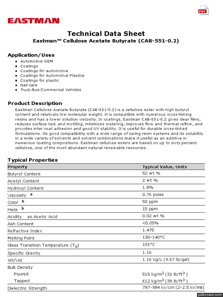 Technical Data Sheet: Eastman™ Cellulose Acetate Butyrate (CAB-551-0.2 ...