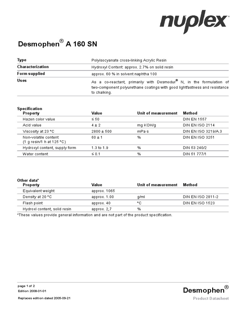 Desmophen A 160 SN: Type Characterization Form Supplied Uses | PDF ...