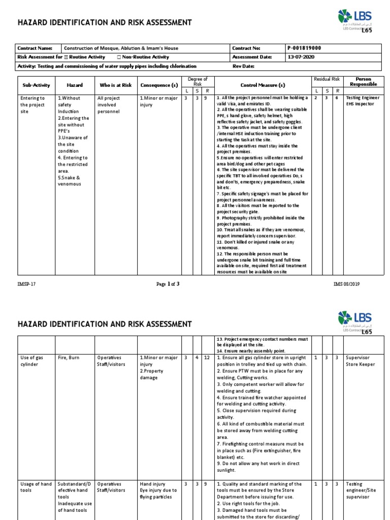 Risk Assessment For Testing and Commissioning of Water Supply Pipes ...