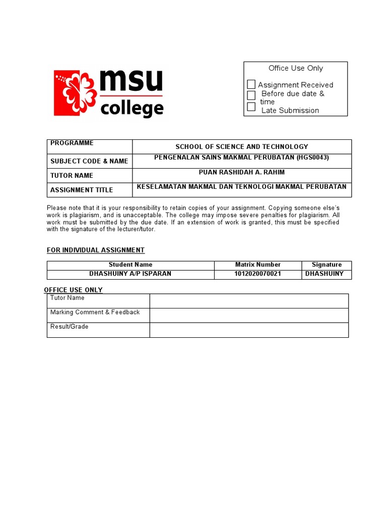 Office Use Only Assignment Received Before Due Date & Time Late ...
