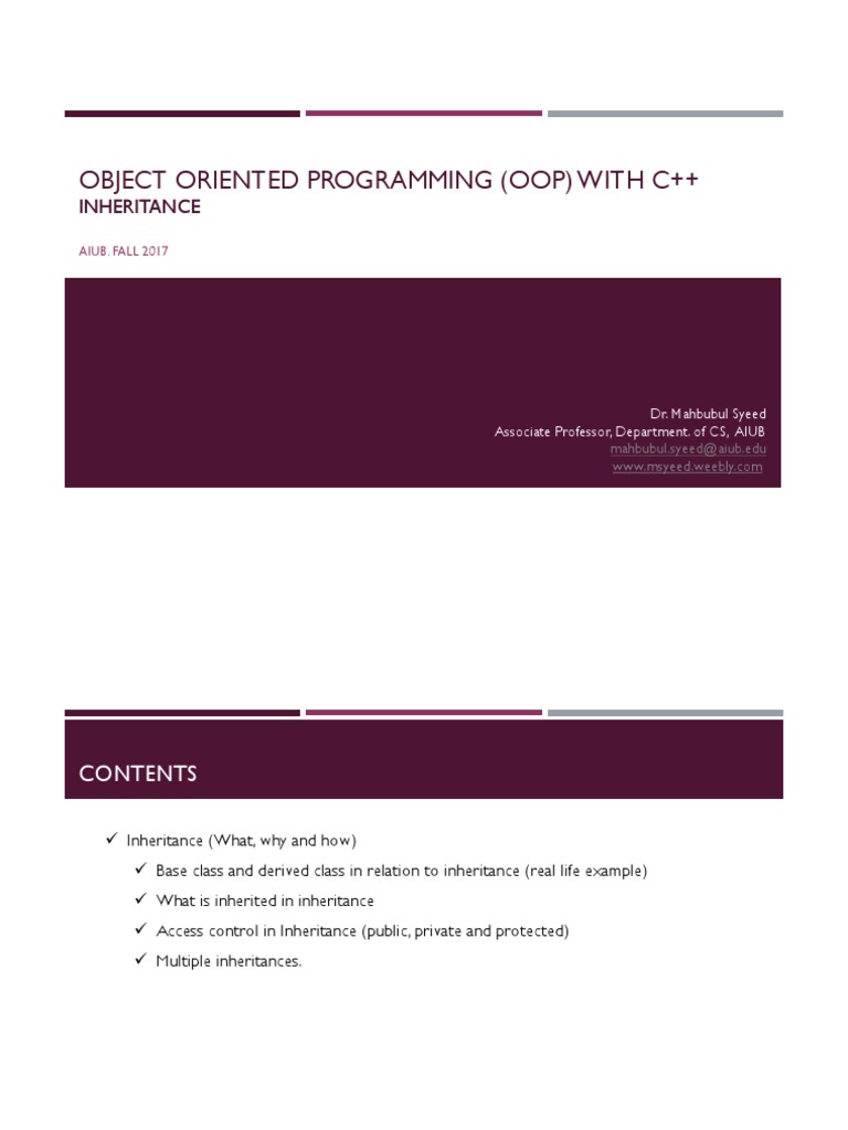 Object Oriented Programming Oop With C Inheritance Pdf Class 4545