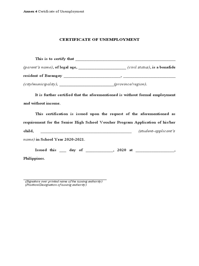 Annex 4 Certificate of Unemployment | PDF