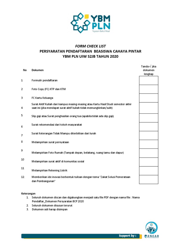 Form Checklist Dan Formulir Pendaftaran BCP YBM PLN UIW S2JB 2020 | PDF