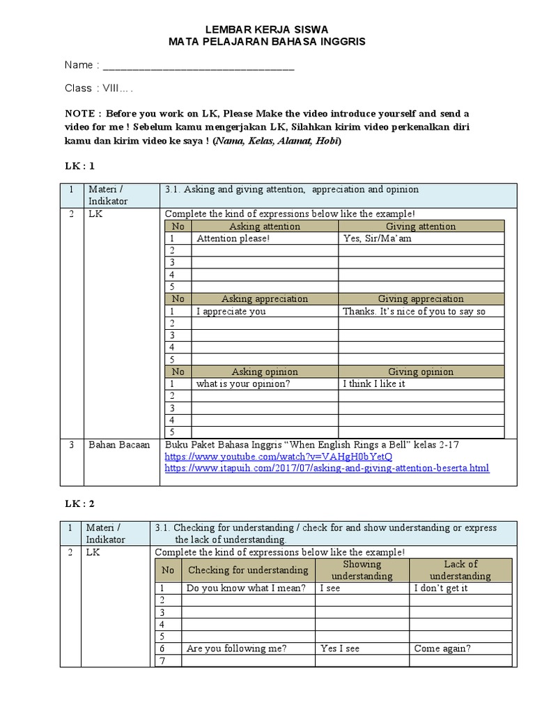 Student Worksheet on Expressing Ability, Willingness, Attention ...