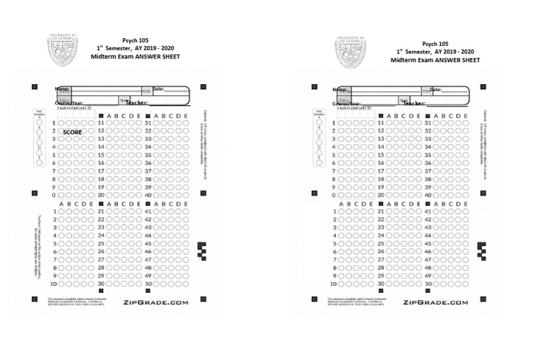Psych 105 Midterm Exam Answer Sheet | PDF | Career & Growth