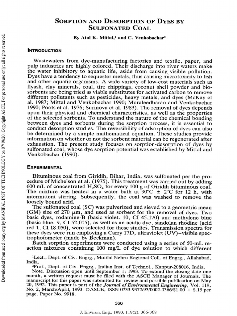 Sorption and Desorption of Dyes by Sulfonated Coal | PDF | Adsorption ...