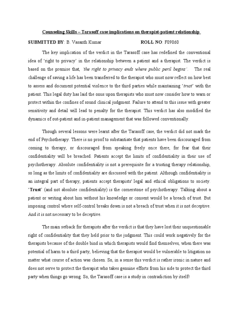 Tarasoff Case | PDF | Psychotherapy | Confidentiality
