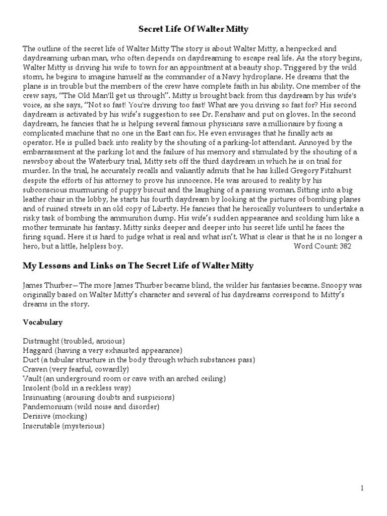 Walter Mitty's Daydreams Explored | PDF | Mystery, Thriller & Crime ...