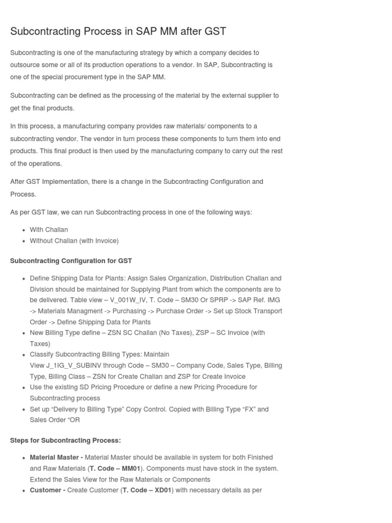 Subcontracting Process in SAP MM After GST | PDF | Invoice | Supply ...