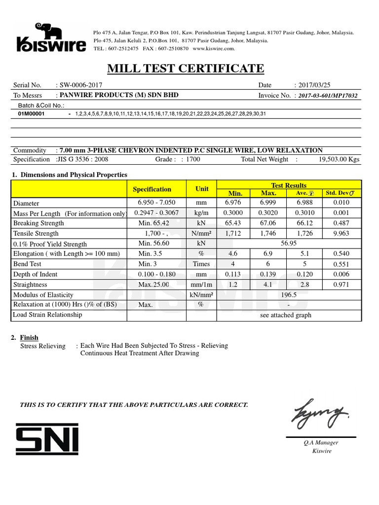 Mill Test Certificate: 7.00 MM 3-Phase Chevron Indented P.C Single Wire ...