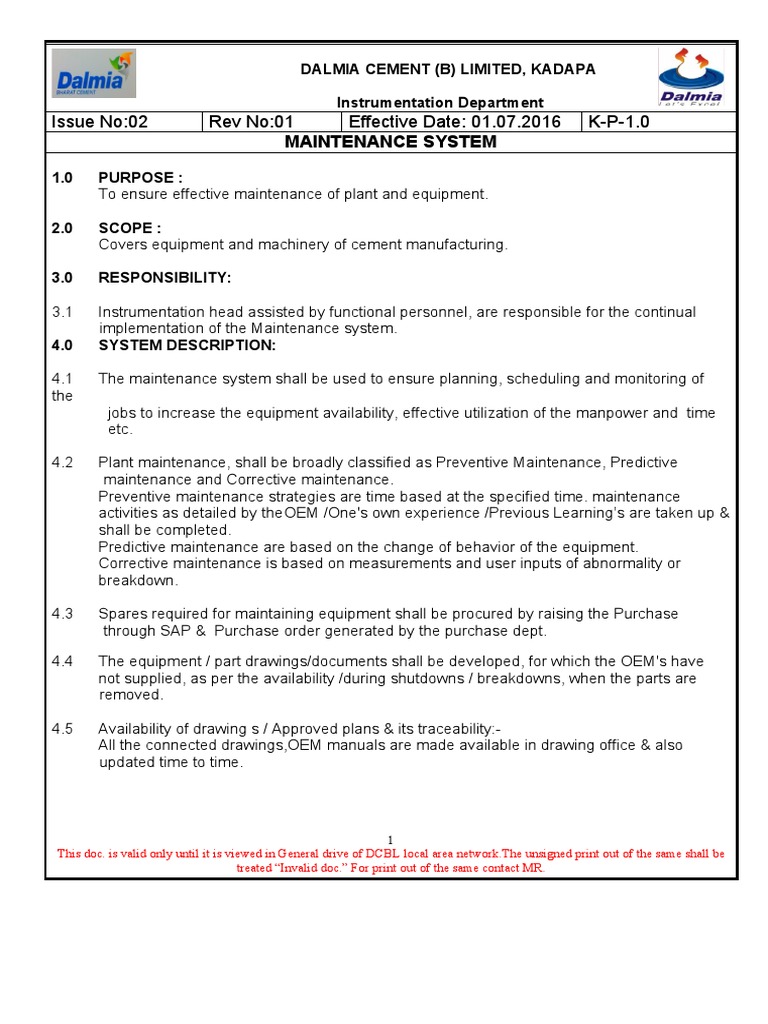 Standard Operating Procedure For (MAINTENANCE SM) | PDF | Systems ...