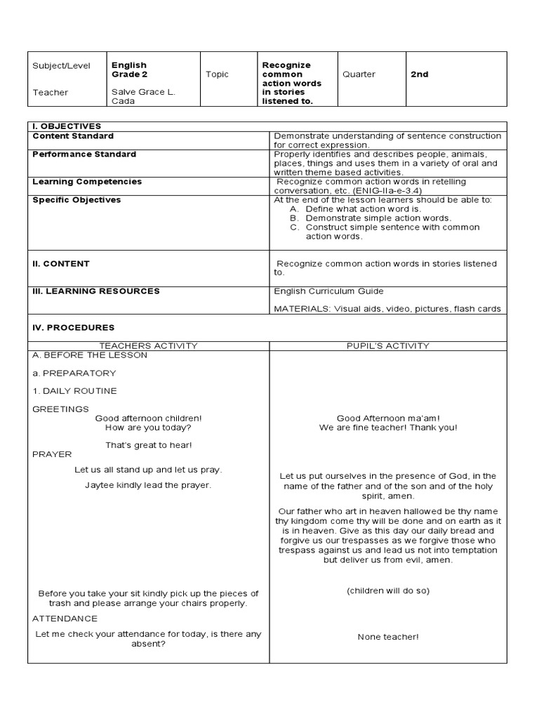 1.english Lesson Plan Groupings (Salve Cada) | PDF | Lord's Prayer