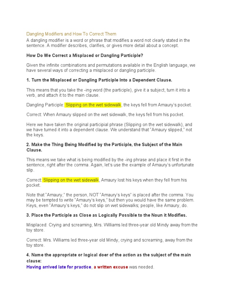 Dangling Modifiers Guide | PDF | Sentence (Linguistics) | Syntax
