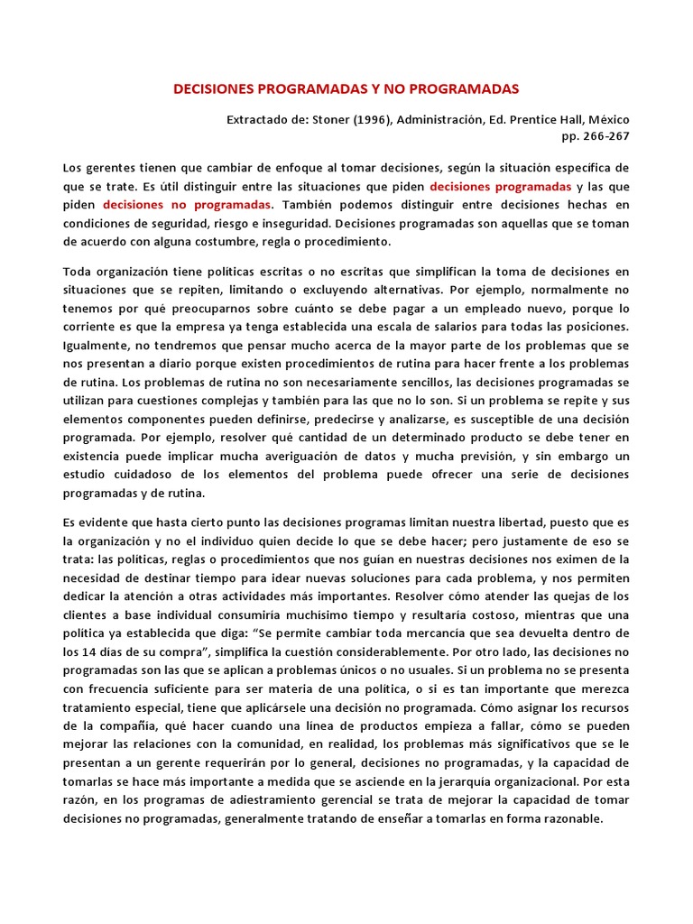 IMPRESO-STONER (1996) Decisiones Programadas y No Programadas PDF | PDF | Economias | Business