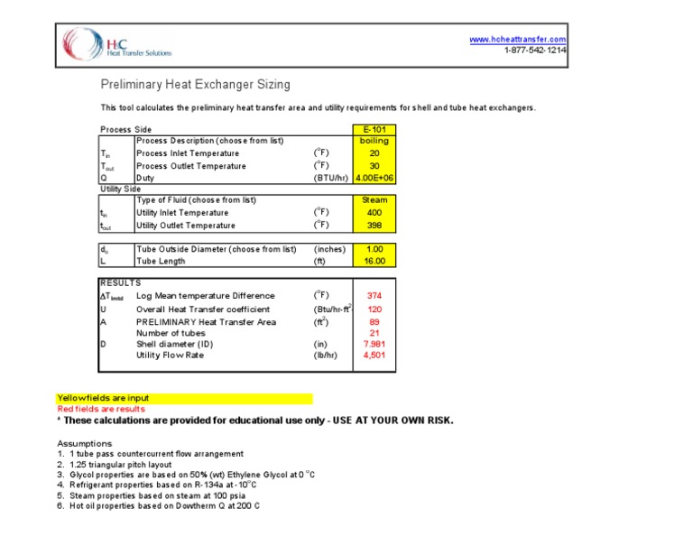 Preliminary Heat Exchanger Sizing: These Calculations Are Provided For ...