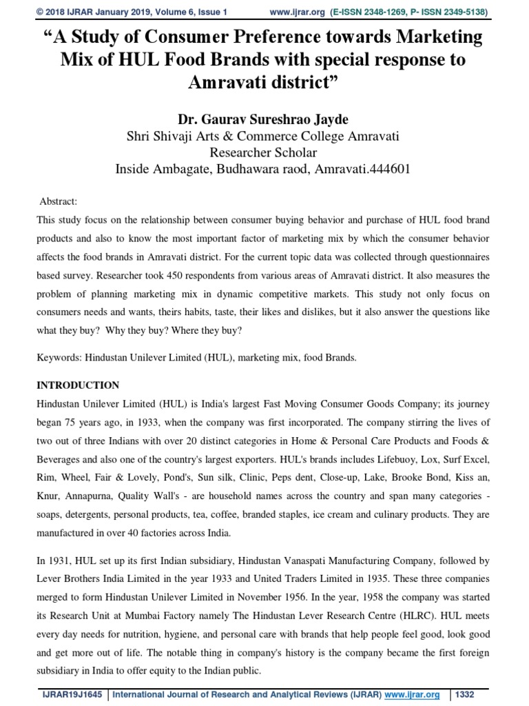 A Study of Consumer Preference Towards Marketing Mix of HUL Food Brands ...