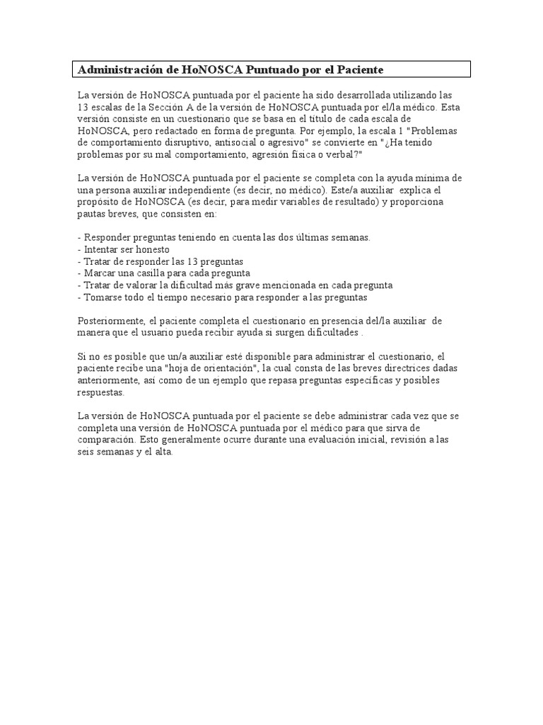 HoNOSCA: Autoevaluación del Paciente | PDF | Cuestionario | Conceptos ...