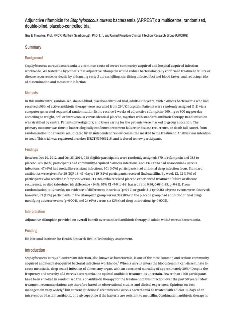 Adjunctive Rifampicin For Staphylococcus Aureus Bacteraemia (ARREST) - A Multicentre, Randomised ...