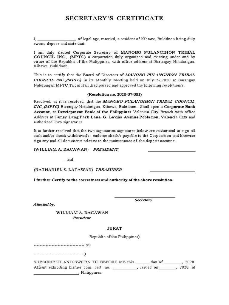 Secretary Certificate | PDF