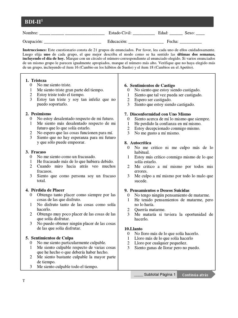Cuestionario de Depresión BDI-II | PDF | Salud y bienestar