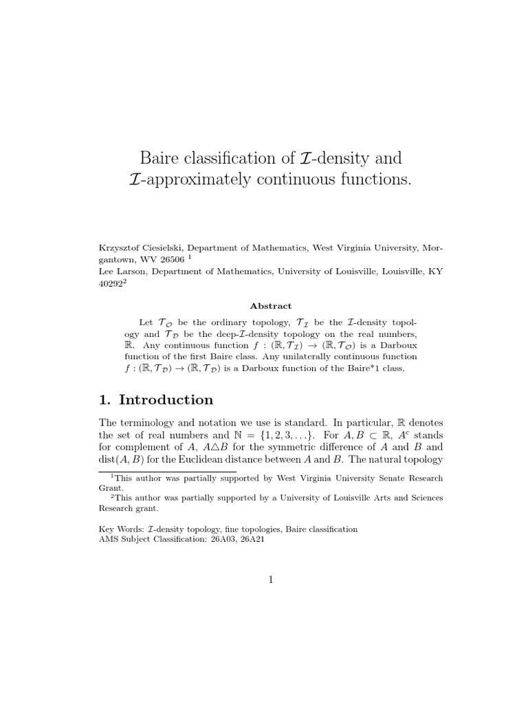 Baire Classification of I-Density and I-Approximately Continuous Functions | PDF | Continuous ...
