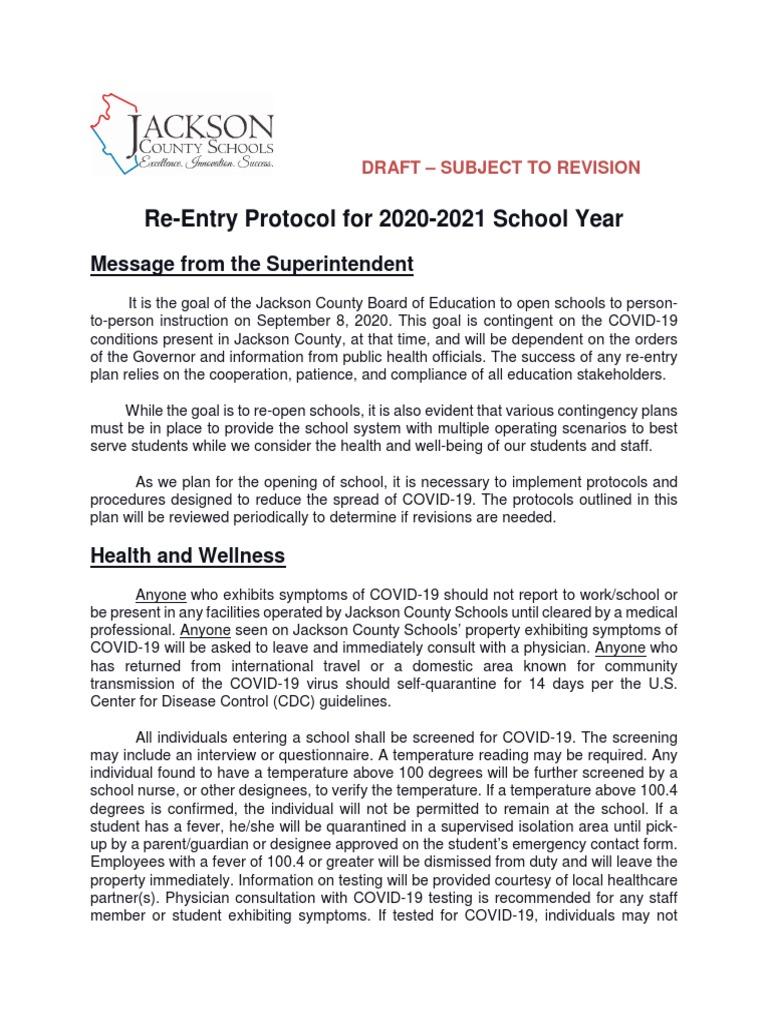 Jackson County School Re-Entry Protocols | PDF | Schools | Public Toilet