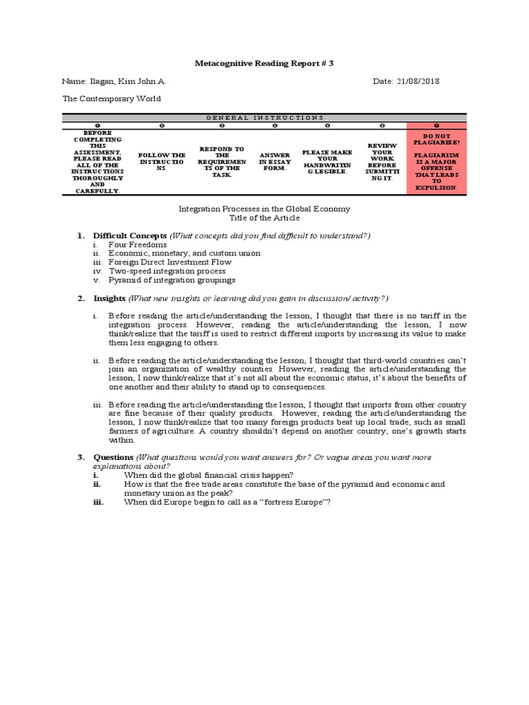 Metacognitive Reading Report 3 | PDF | Metacognition | Tariff