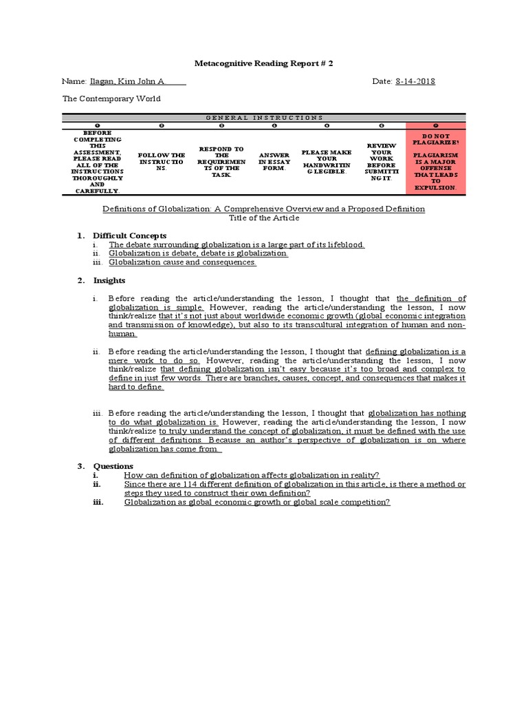 Metacognitive Reading Report 2 | PDF | Metacognition | Globalization