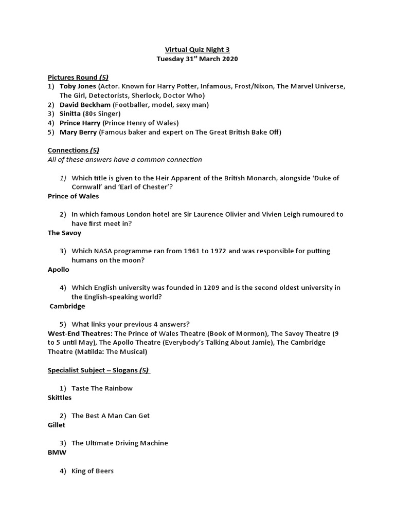 Virtual Quiz Night 3 | PDF | Young Adult