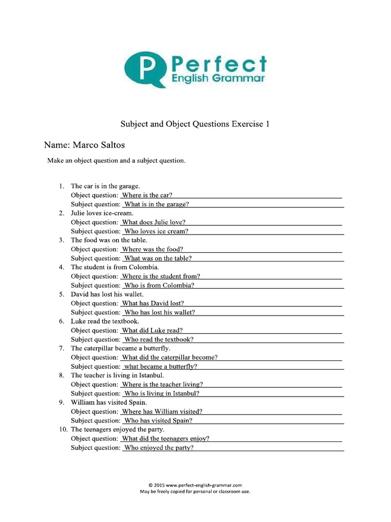 Subject and Object Questions Exercise 1 | PDF