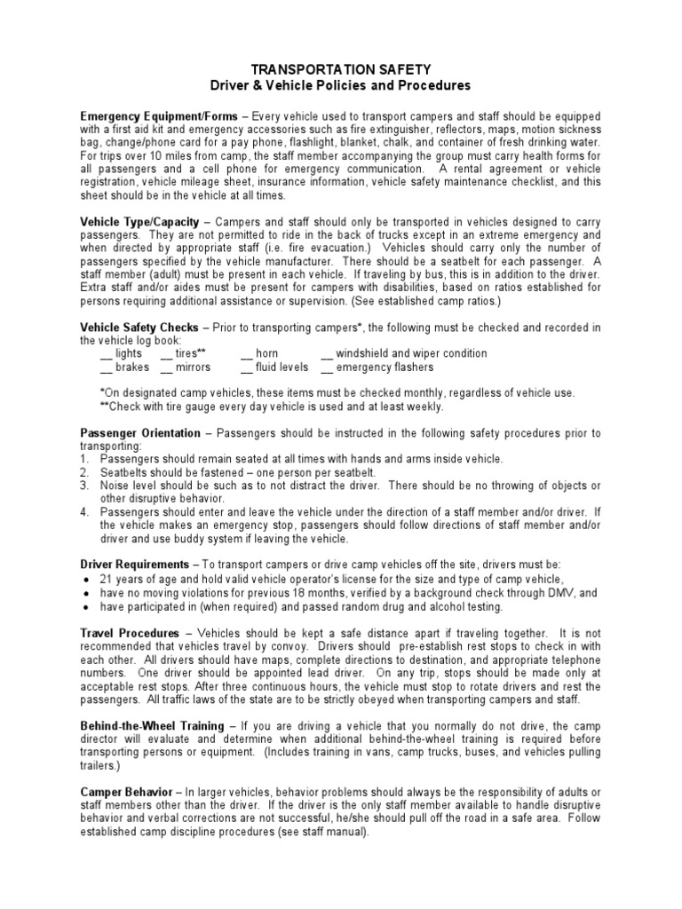 Transportation Safety Driver & Vehicle Policies and Procedures | PDF ...